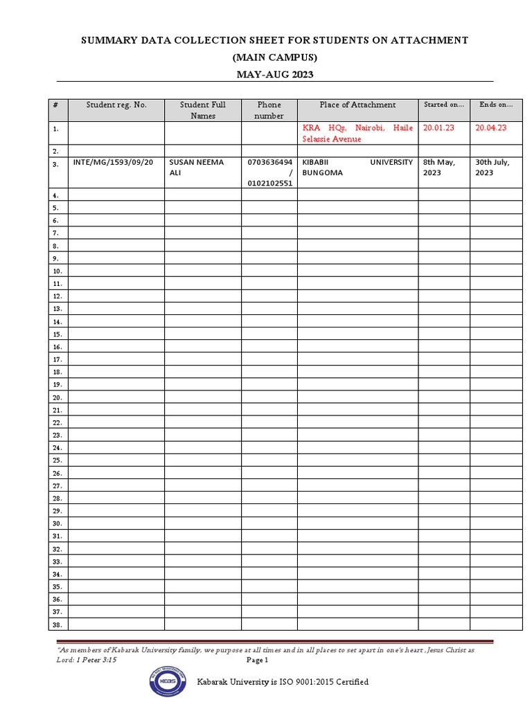 Student Attachment Data Sheet 2023 | PDF