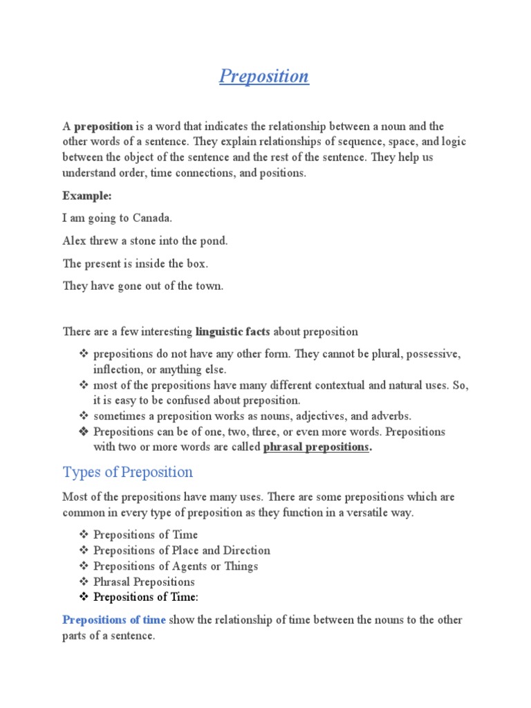 preposition Sheet | PDF