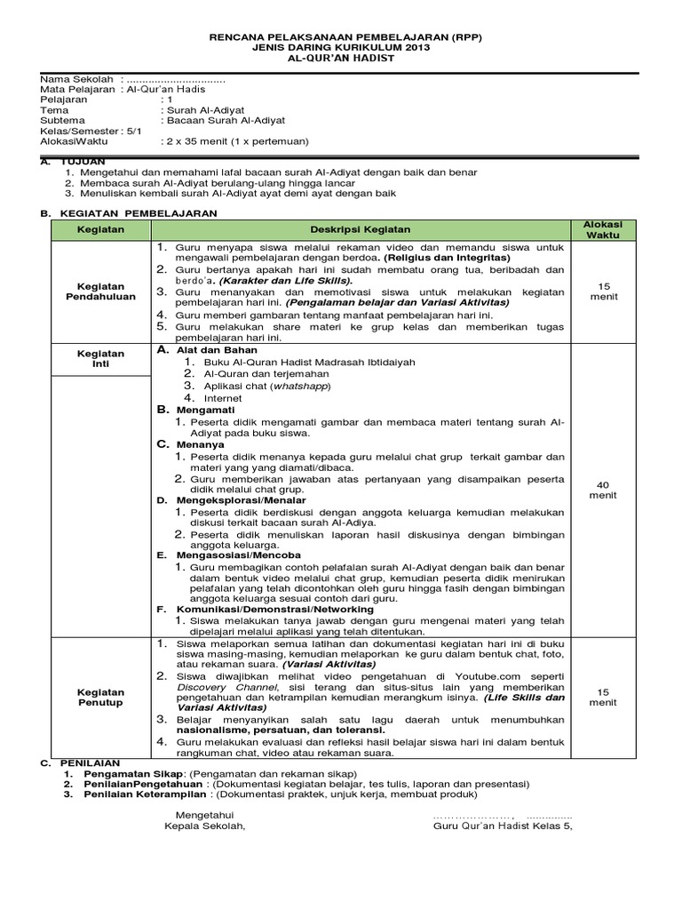 RPP Luring Qurdis SD Mi Kelas 5 Semester 1 2 | PDF