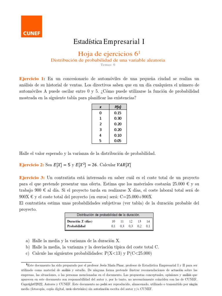 Hoja de Ejercicios 6 2023 | PDF | Diferencia | Variable aleatoria