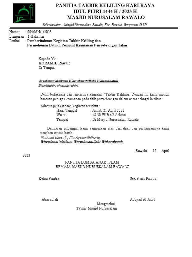 Surat Permohonan Takbir Keliling | PDF