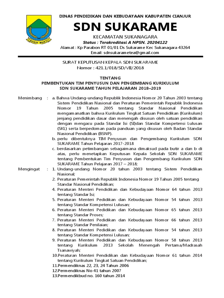 1) SK Tim Pengembang Kurikulum | PDF