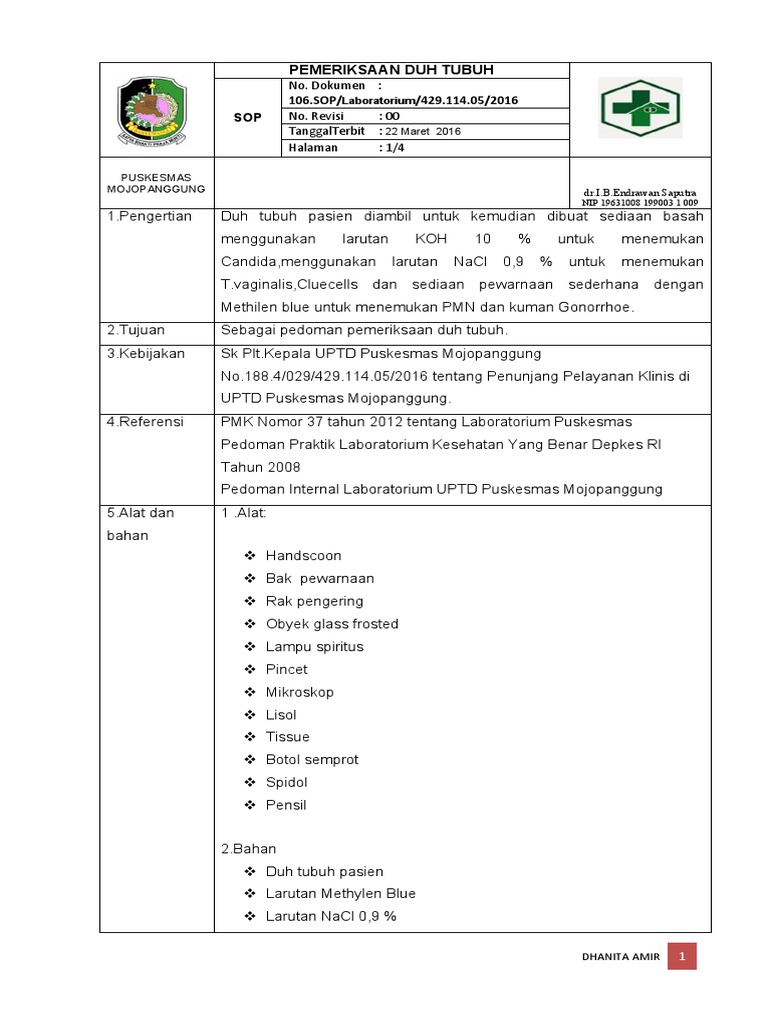 8.1.1.1. Sop Pemeriksaan Duh Tubuh | PDF | Sains & Matematika