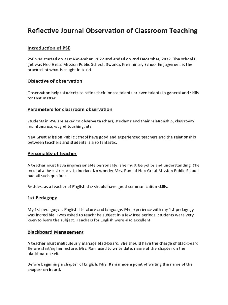 Reflective Journal Observation of Classroom Teaching | PDF