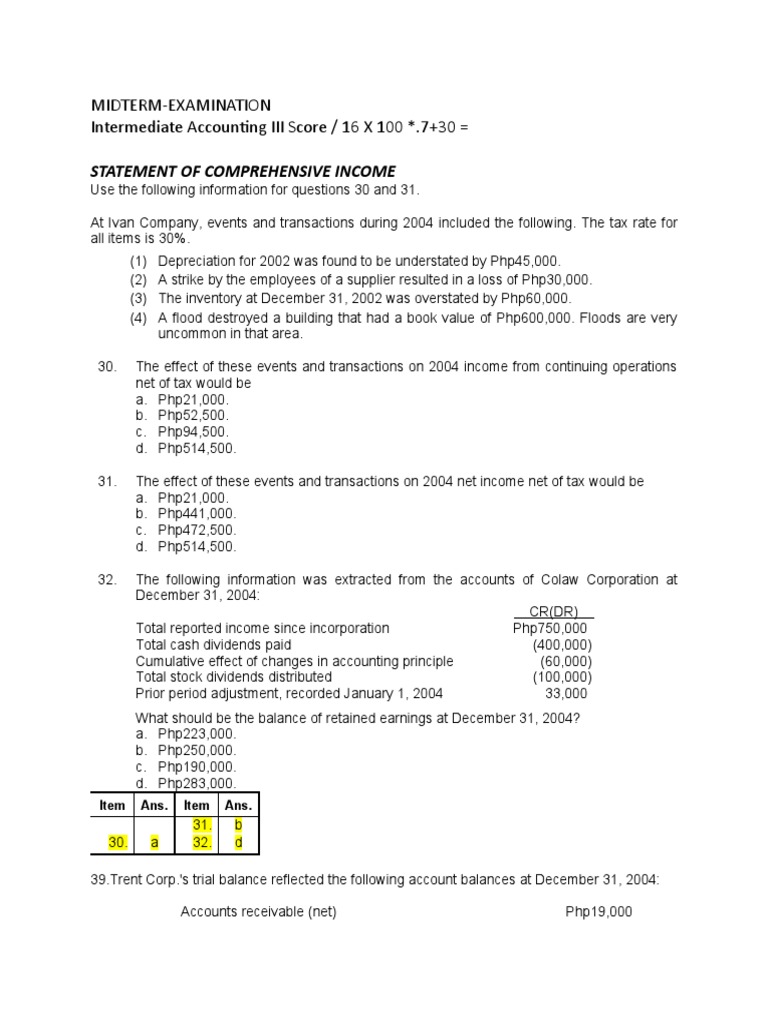 Midterm Exam With Key Ia3 Pcu | PDF | Debits And Credits | Cash Flow ...