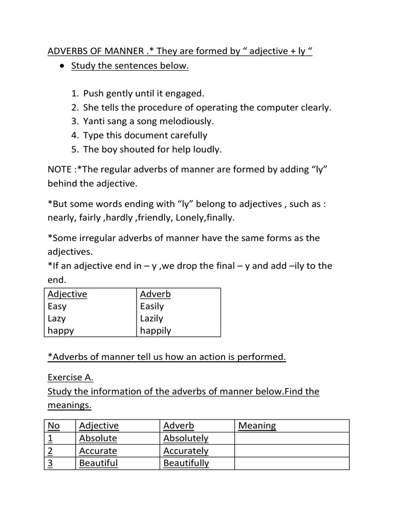 Adverbs of Manner: Forming Adverbs from Adjectives and Examples of ...