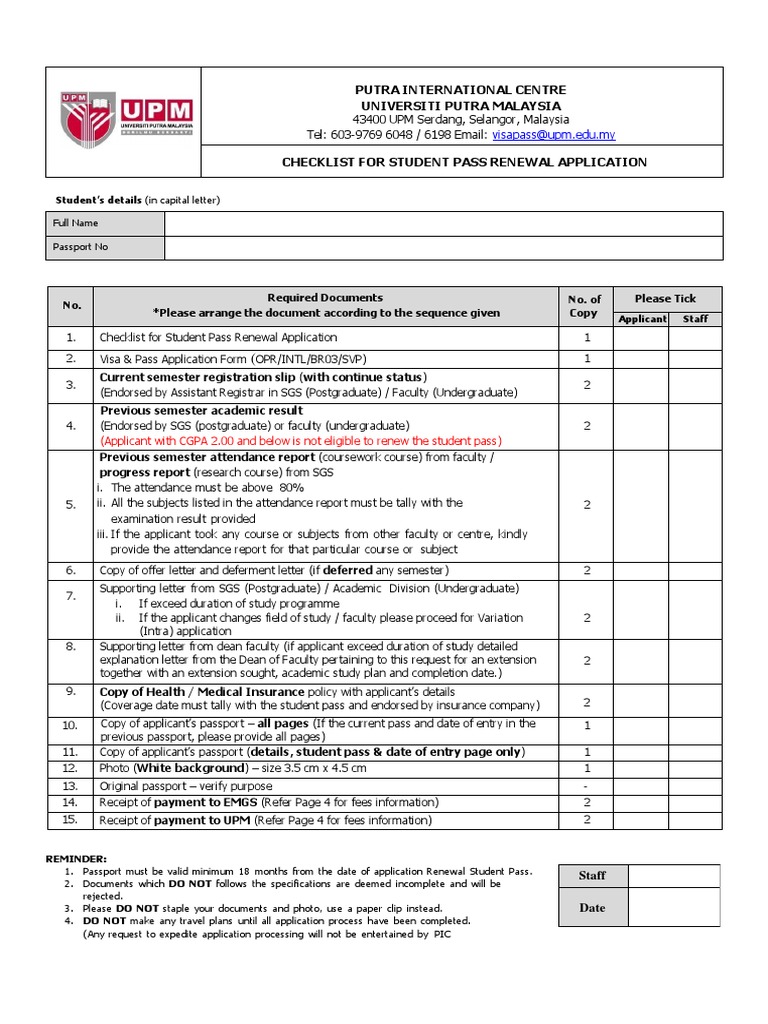 Student Pass Renewal Checklist UPM | PDF