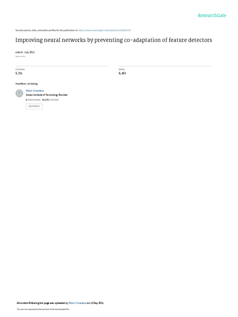 Improving Neural Networks By Preventing Co Adaptat Pdf Artificial Neural Network Applied