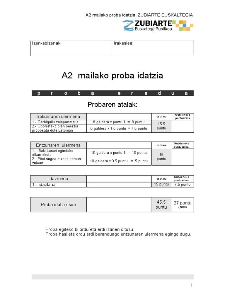 A2 Proba Idatzia | PDF