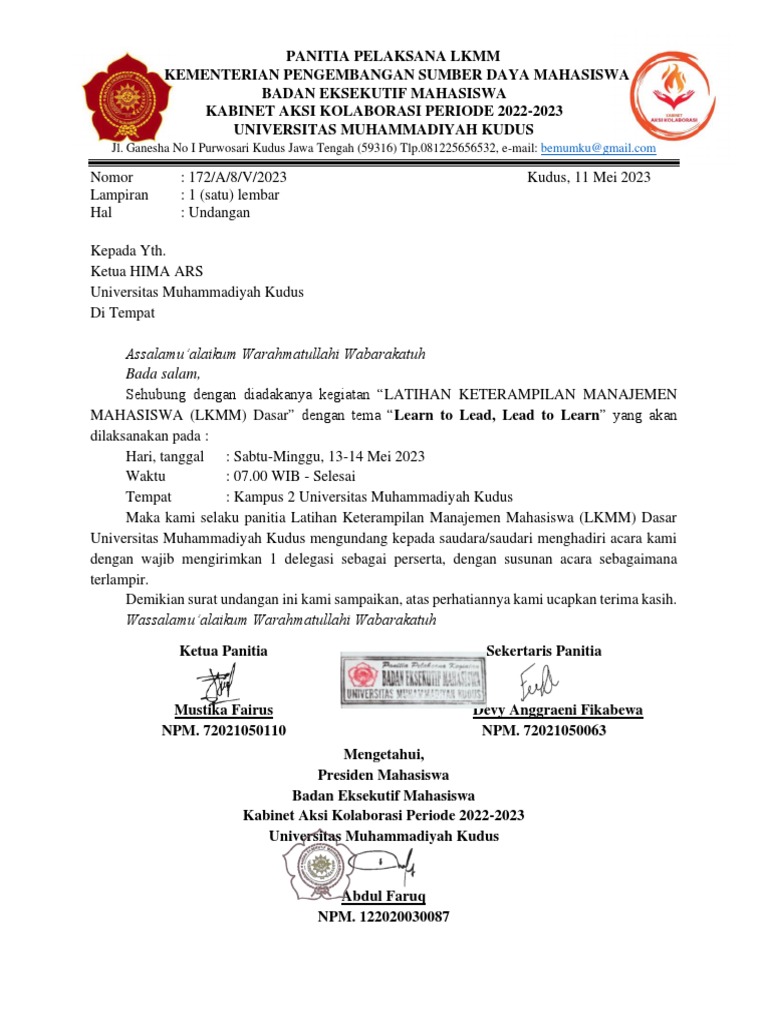 172 - Surat Undangan Hima Ars - LKMM Dasar - PSDM | PDF