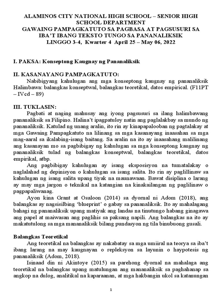 ACTIVITY Sheets IN Pagbasa WEEK 3 4 QUARTER 4G 1 1 | PDF