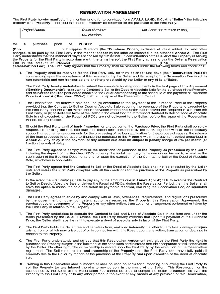 Ayala Land Reservation Agreement | PDF | Deed | Sales