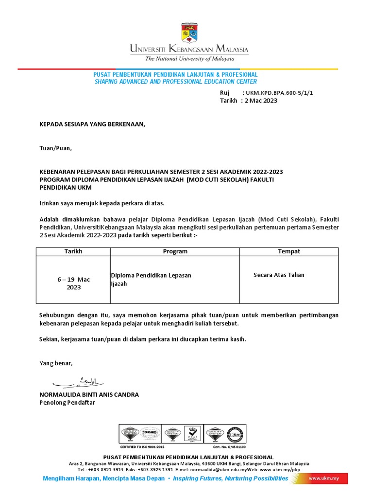 Surat Pelepasan Kuliah Dpli Sem 1 | PDF