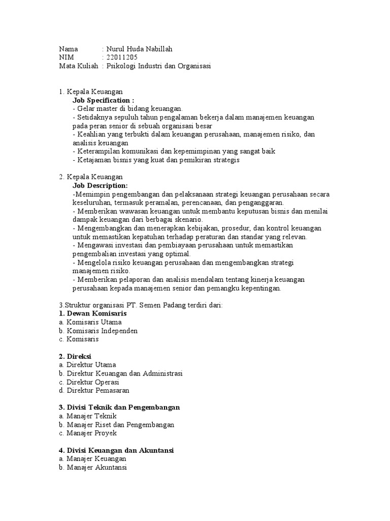 Nurul Huda Nabillah 22011205 TUGAS PIO JOBDESK, JOBSPEC, VIS, MISI, VALUE | PDF