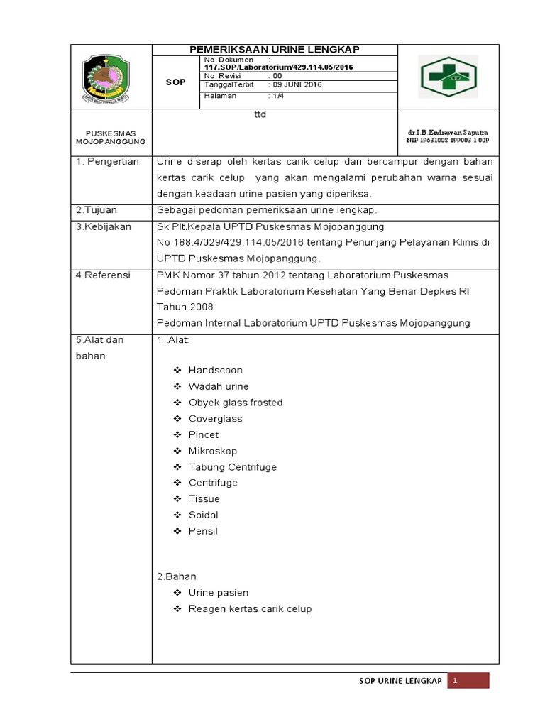 8.1.1.1.sop Pemeriksaan Urine Lengkap | PDF