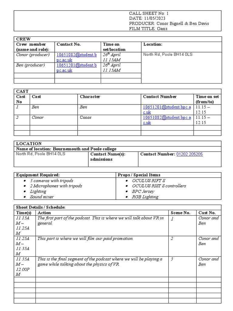 Film Crew Call Sheet | PDF
