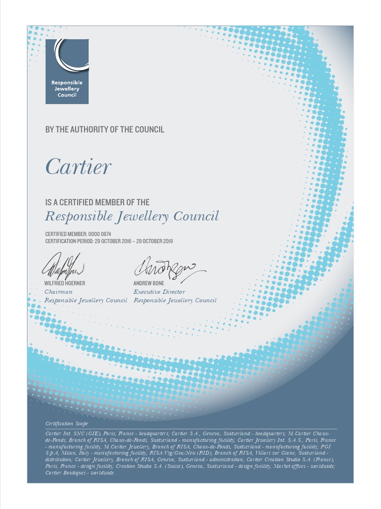RJC COP Certificate - Vjune 2016 - Cartier | PDF | Audit | Business