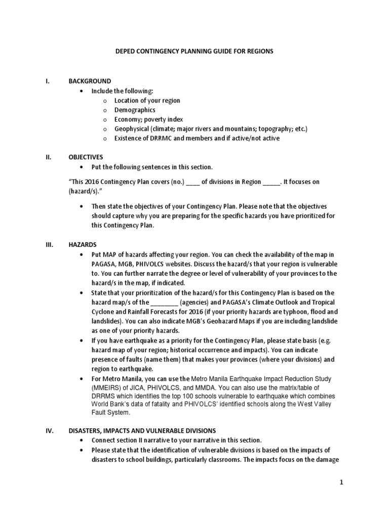 DEPED CONTINGENCY PLANNING GUIDE FOR REGIONS - 15 June 2016 | PDF ...