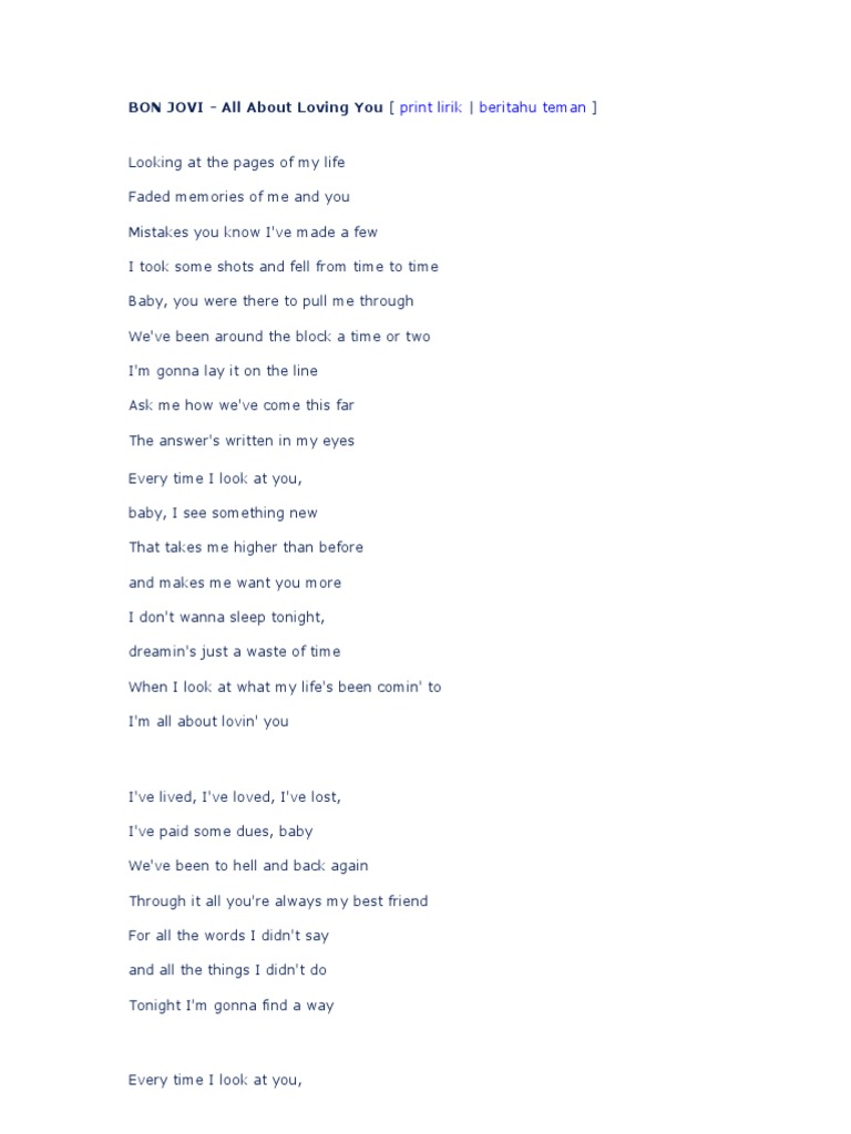Bon Jovi All About Lovin You Lyrics Pdf