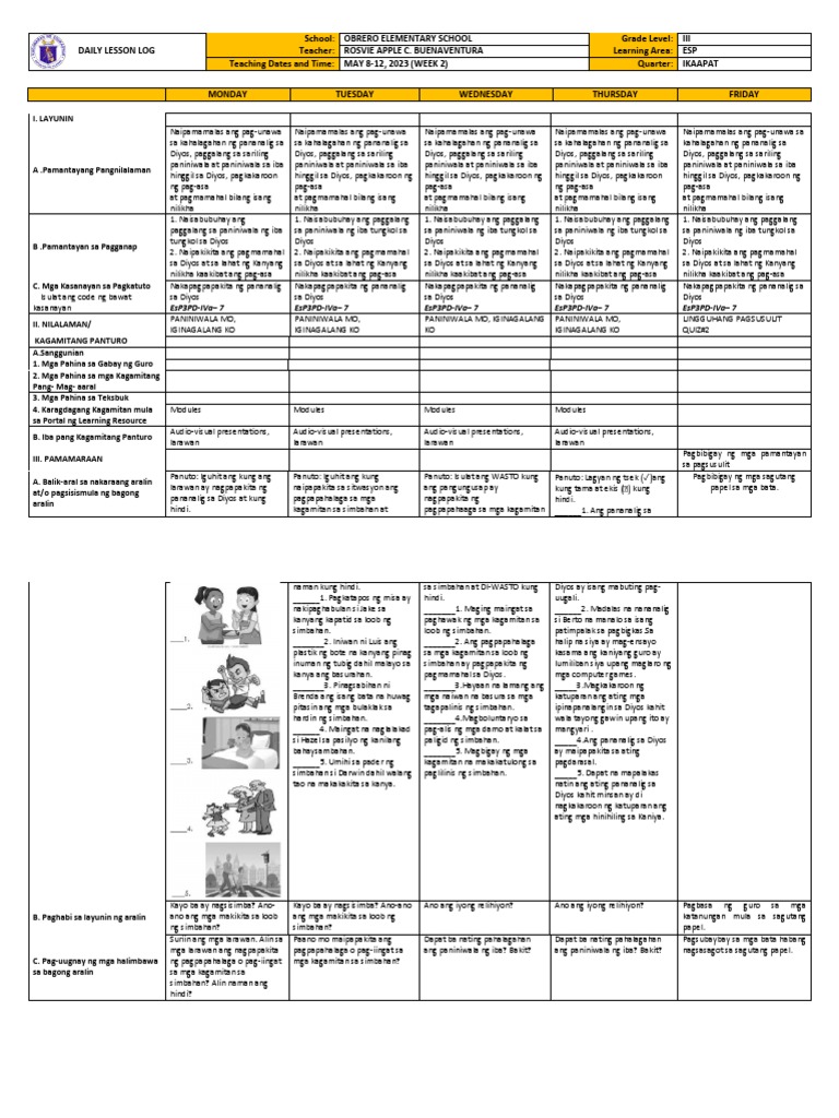 DLL - ESP 3 - Q4 - W2 - Nakapagpapakita NG Pananalig Sa Diyos Edumaymaylauramos | PDF