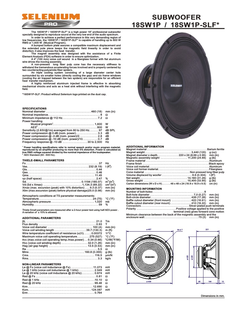 Selenium 18SW1P | PDF | Electromagnetism | Sound Technology