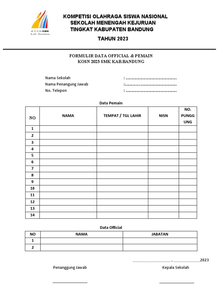 Formulir Pendaftaran Peserta Futsal O2sn SMK 2023 | PDF