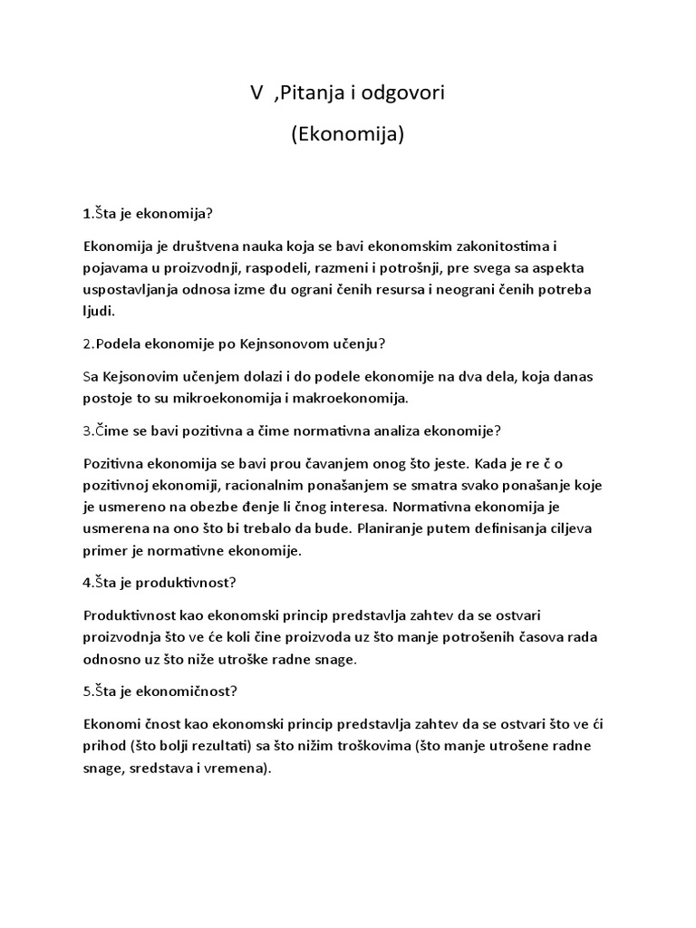 Pitanja i Odgovori Ekonomija Završeno | PDF