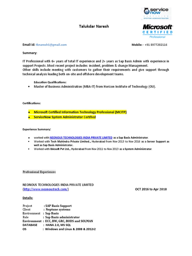 Naresh Sap Basis 2+exp | PDF