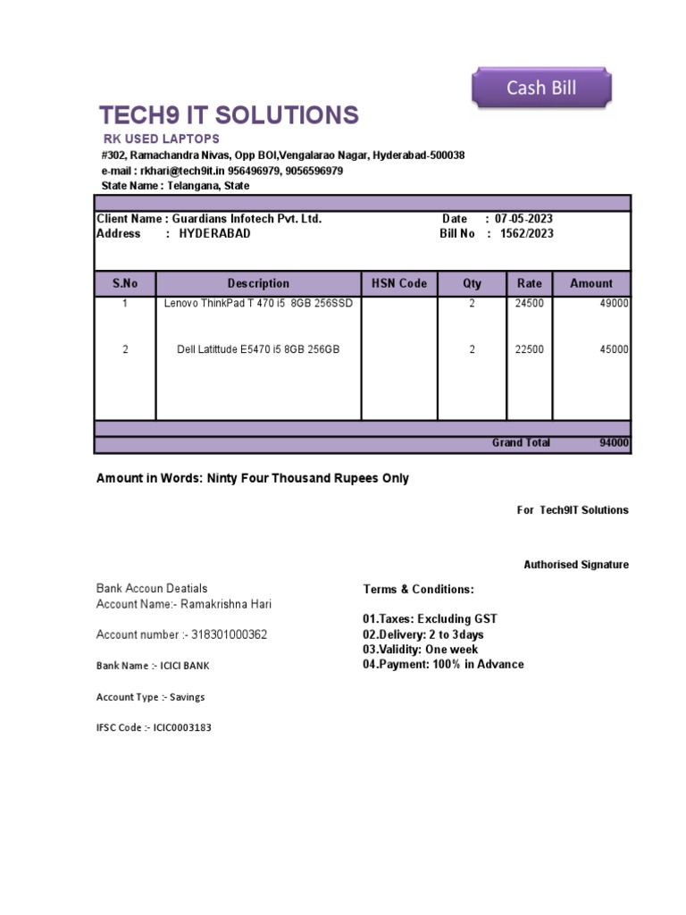 Used Laptop Sale Invoice: Tech9 IT Solutions Provides Two Lenovo and ...