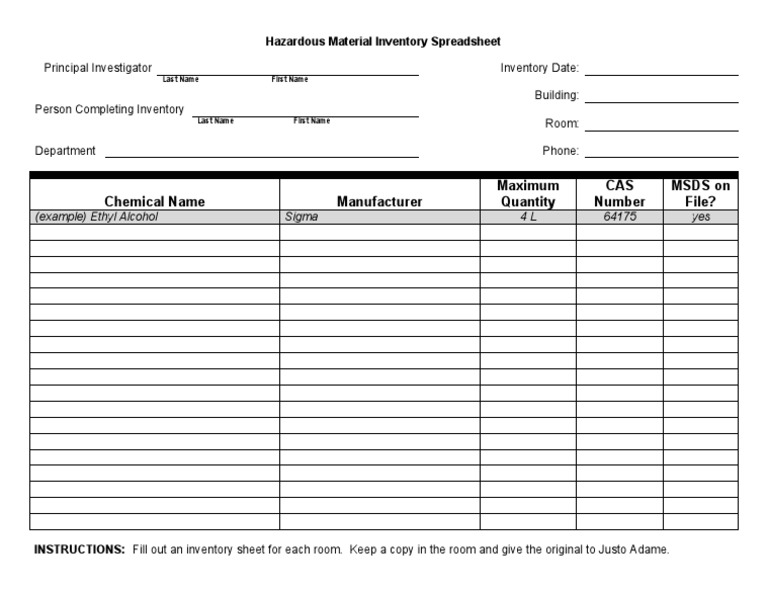 Hazardous Material Inventory Spreadsheet Word | PDF