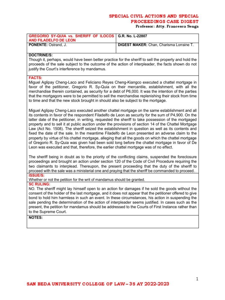 3 - SY-QUIA vs. SHERIFF OF ILOCOS - GR No. L-22807 - CHAN | PDF