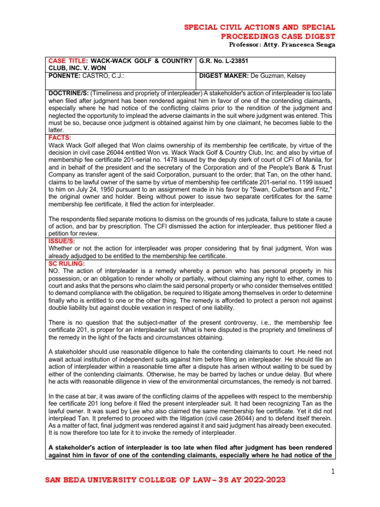 5 - WACK WACK GOLF v. WON - GR No. L-23851 - DE GUZMAN | PDF | Lawsuit ...
