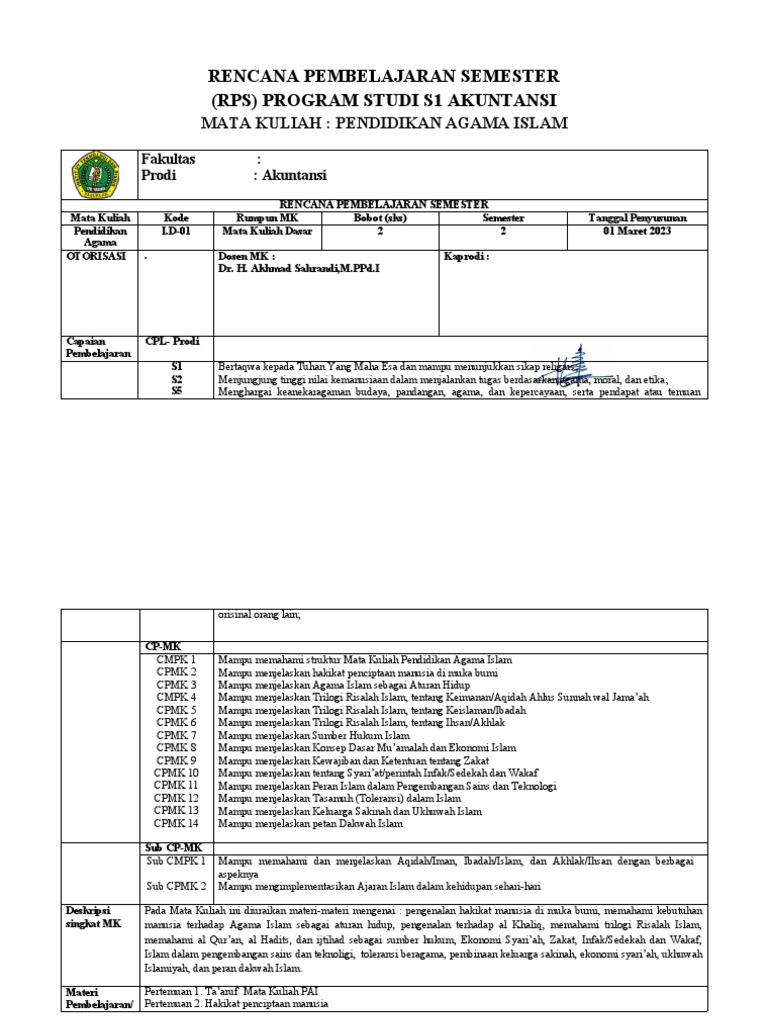 RPS PAI Prodi Akuntansi ITB Yadika | PDF | Filsafat