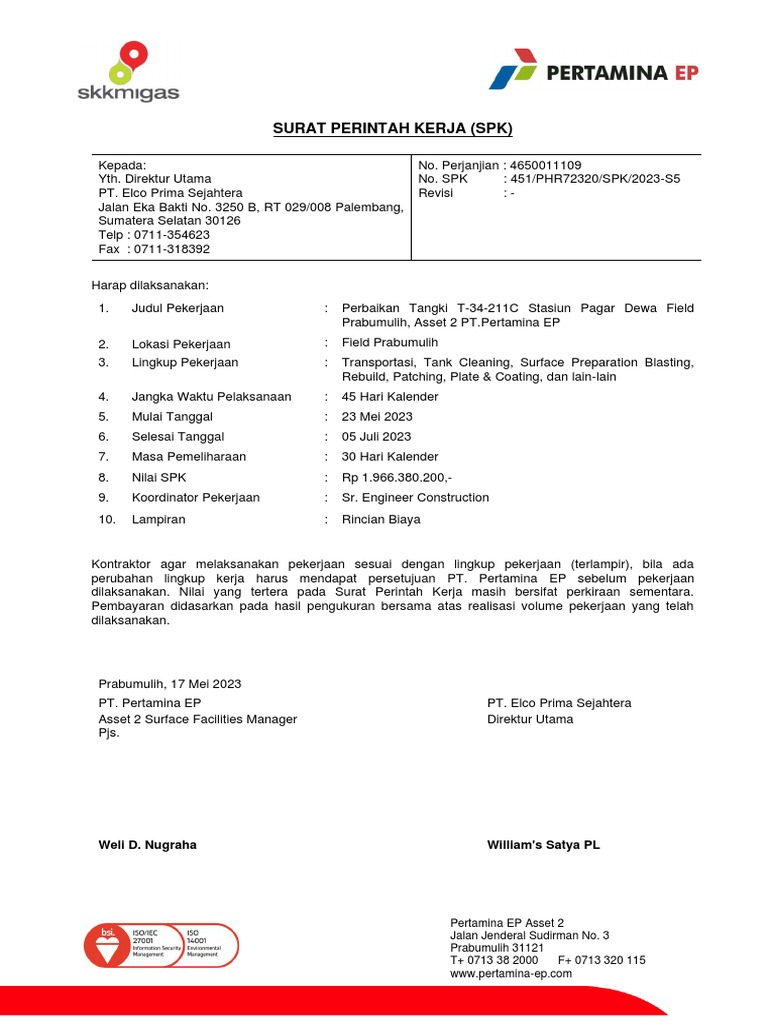 SPK Perbaikan Tangki di SPG Pagar Dewa | PDF