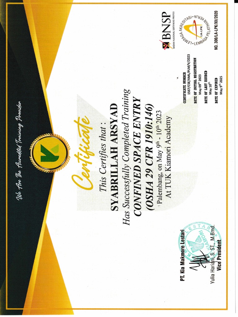 Syabrillah Arsyad - SERTIFIKAT RUANG TERBATAS (CONFINED SPACE ENTRY) | PDF