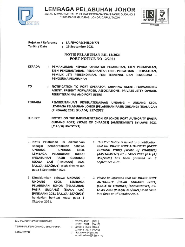 Notice On The Implementation of Johor Port Authority (Pasir Gudang Port ...
