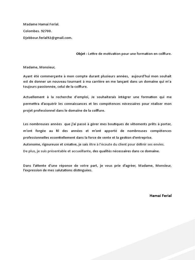 Lettre de Motivation Formation Coiffure | PDF