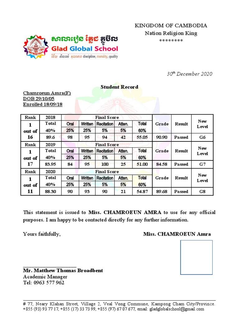 Statement of Attainment Participation Female Chamroeun Amra | PDF