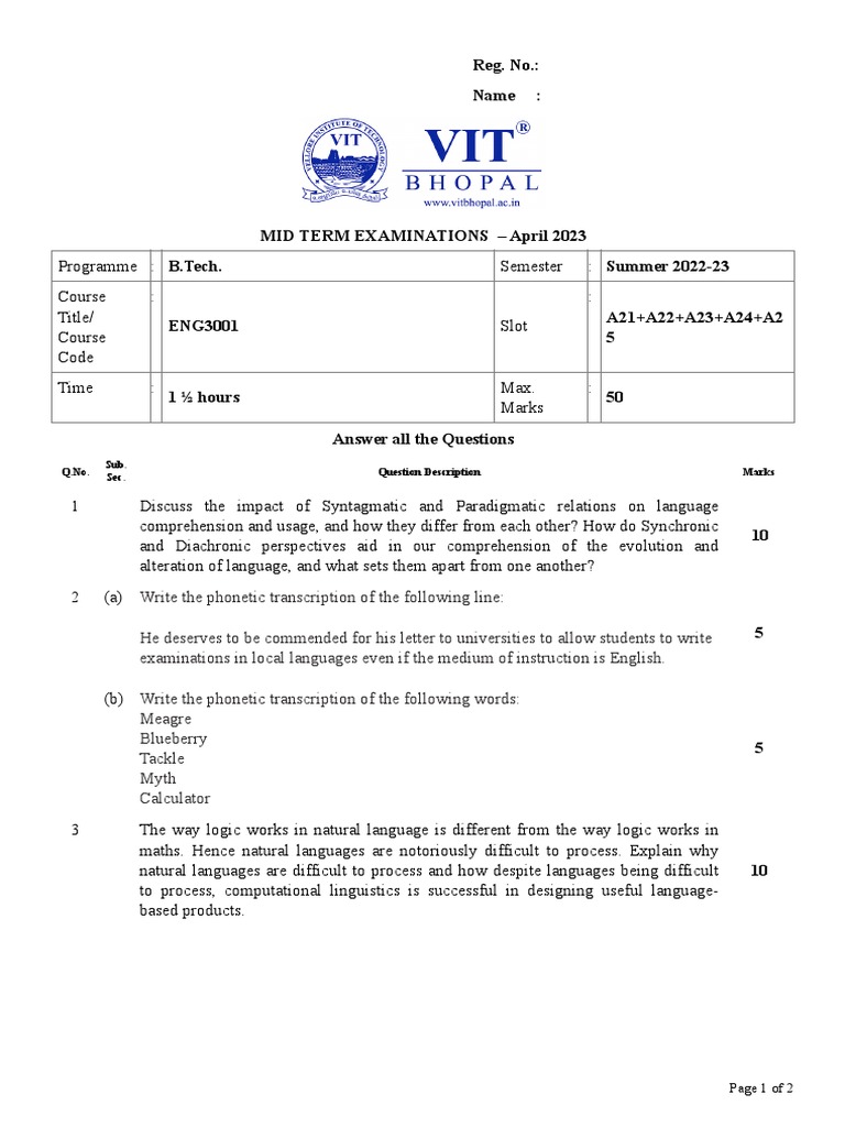 Eng3001 Sample Paper Mid Term | PDF | Linguistics | Cognitive Science