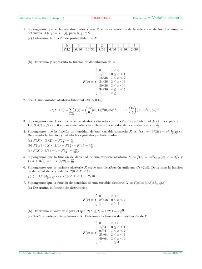 Relación 2 (Con Soluciones) | PDF | Variable aleatoria | Función de densidad de probabilidad
