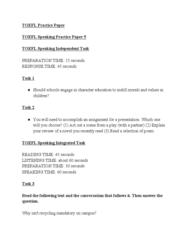 TOEFL Speaking Practice Paper 5 | PDF
