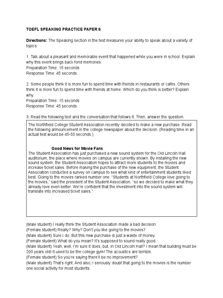 TOEFL SPEAKING PRACTICE PAPER 6 | PDF