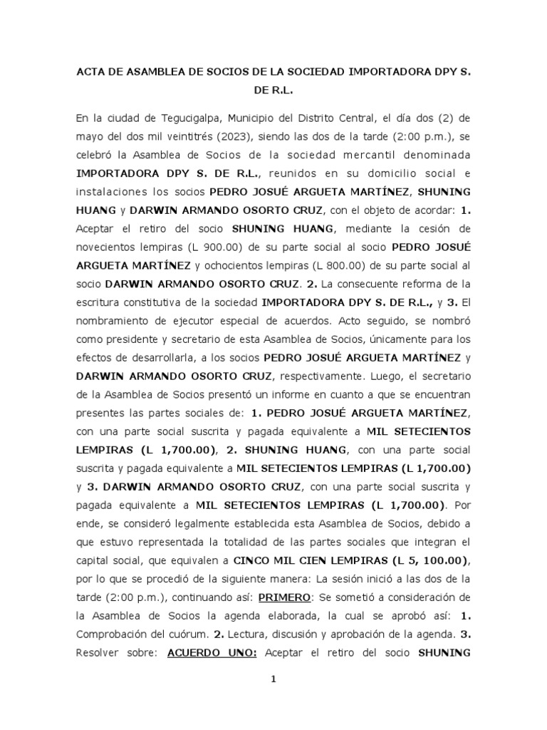 Acta de Venta de Parte Social Importadora Dpy Final | PDF