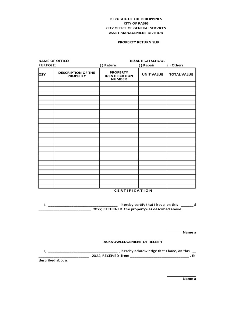 Pasig City Property Return Slip Form | PDF