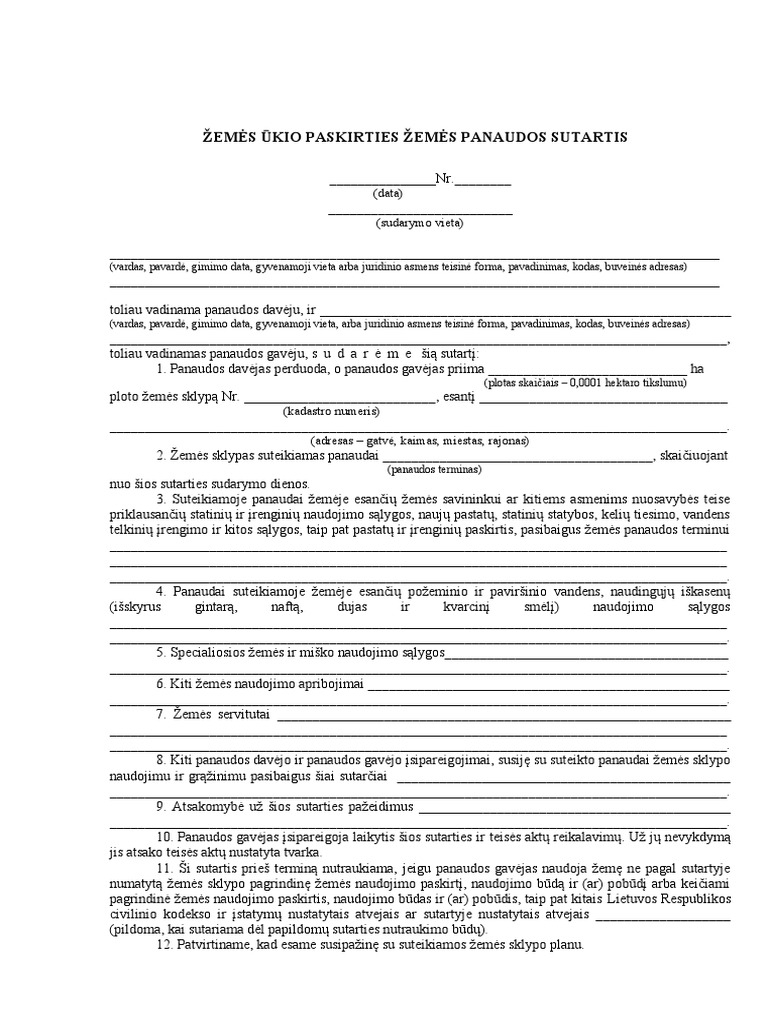 Pavyzdine Žemės Ūkio Paskirties Žemės Panaudos Sutarties Forma | PDF