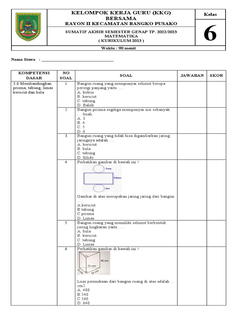 Soal Sas Genap 2223 MTK Kls 6 | PDF