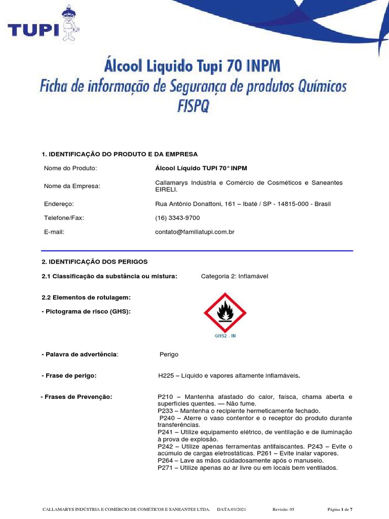 FISPQ Alcool Liquido TUPI 70°INPM | PDF | Embalagem e rotulagem ...