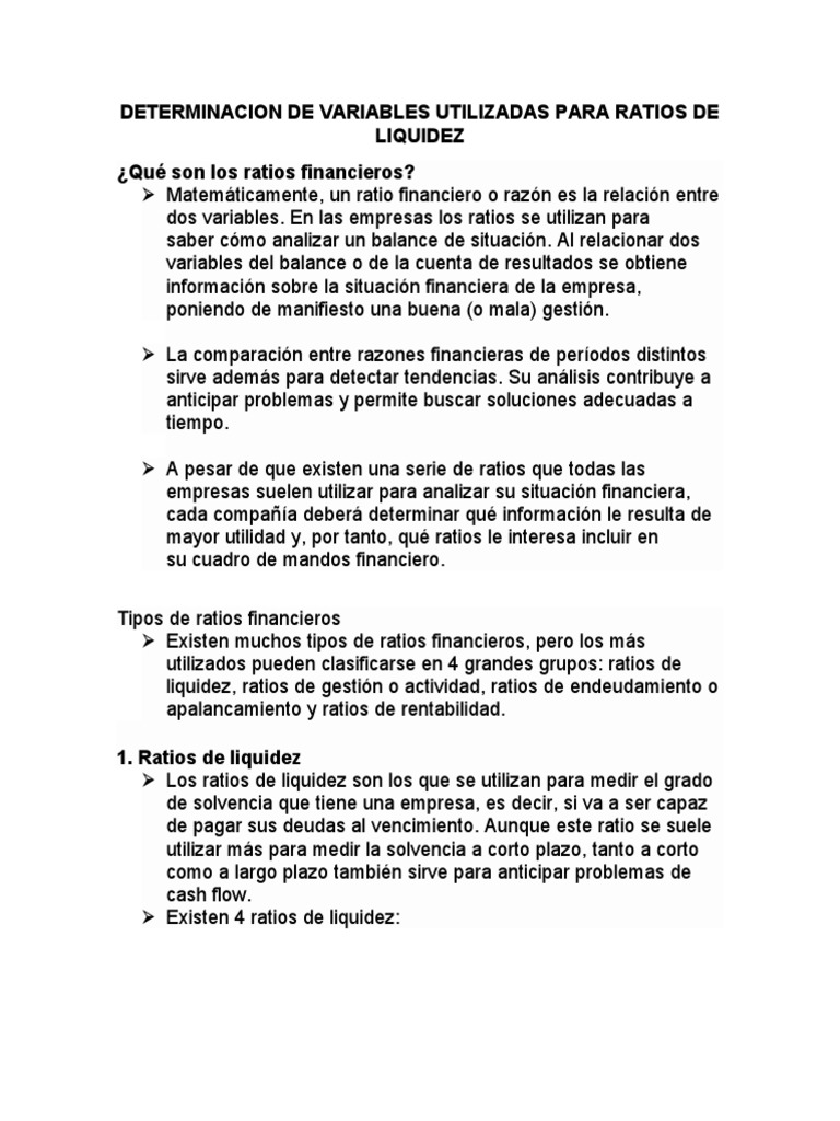 Ratios de Liquidez: Tipos y Ejemplos | PDF | Liquidez de mercado ...
