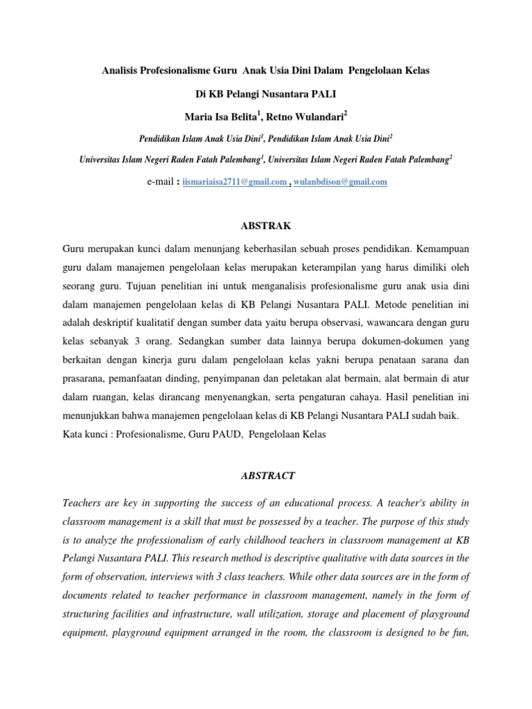 Analisis Profesionalisme Guru Anak Usia Dini Dalam Pengelolaan Kelas Di KB Pelangi Nusantara Kab ...