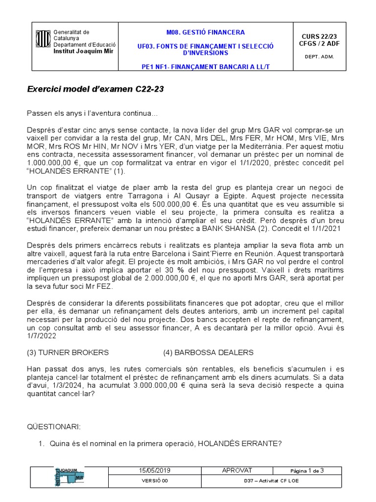 ENUNCIAT Exercici Model Examen UF03 M08 - Préstecs C22-23 | PDF
